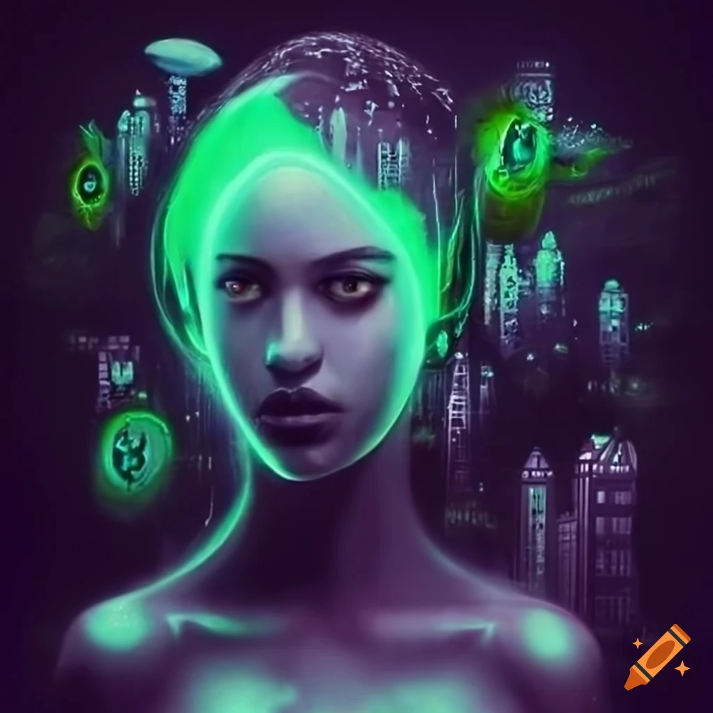 Glowing biopunk cityscape with mythical creature goddesses and ...