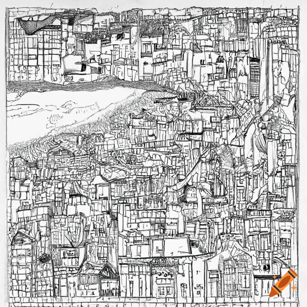 Intricate pencil drawing of a small city map by the beach on Craiyon