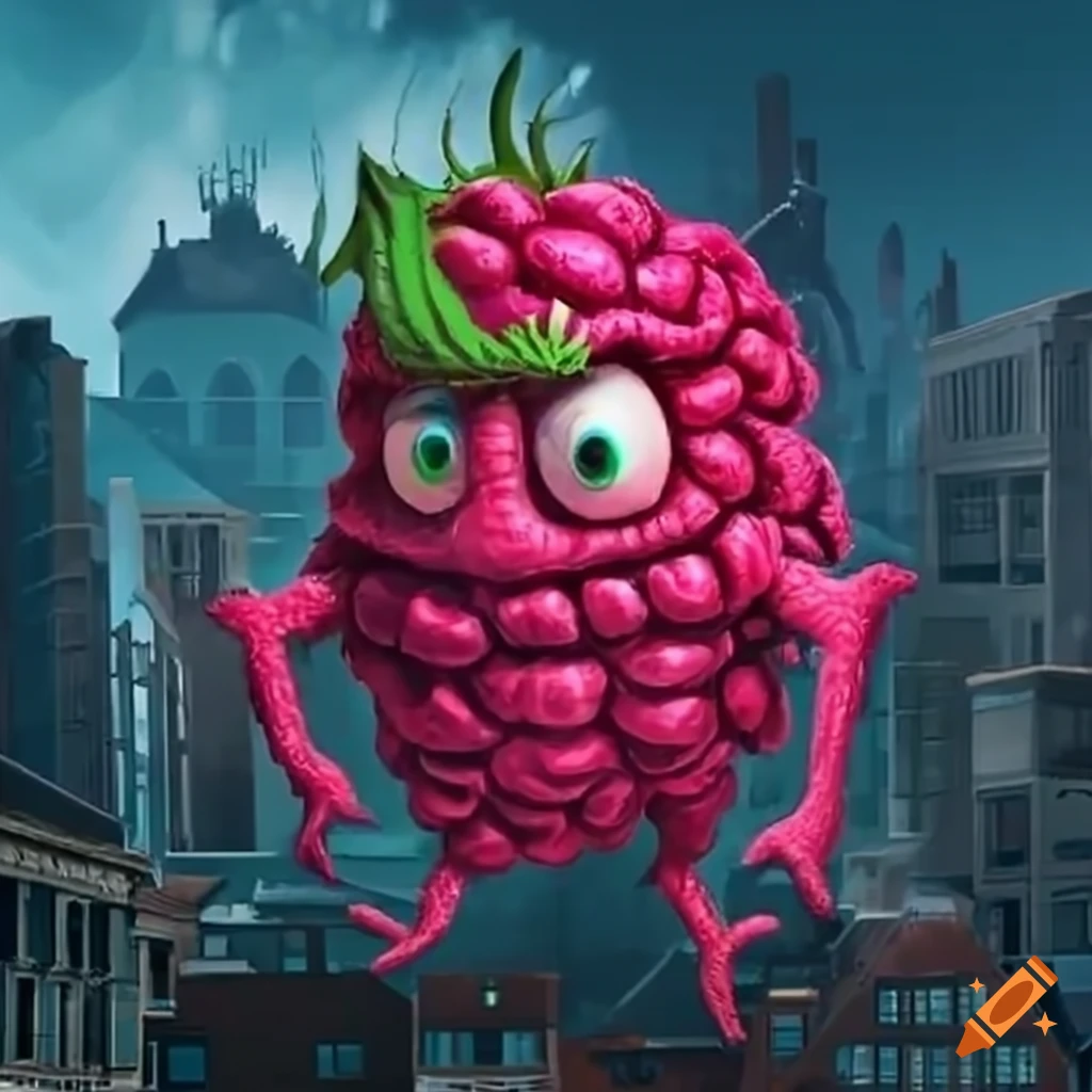 Gigantic monster raspberry attacking a city on Craiyon