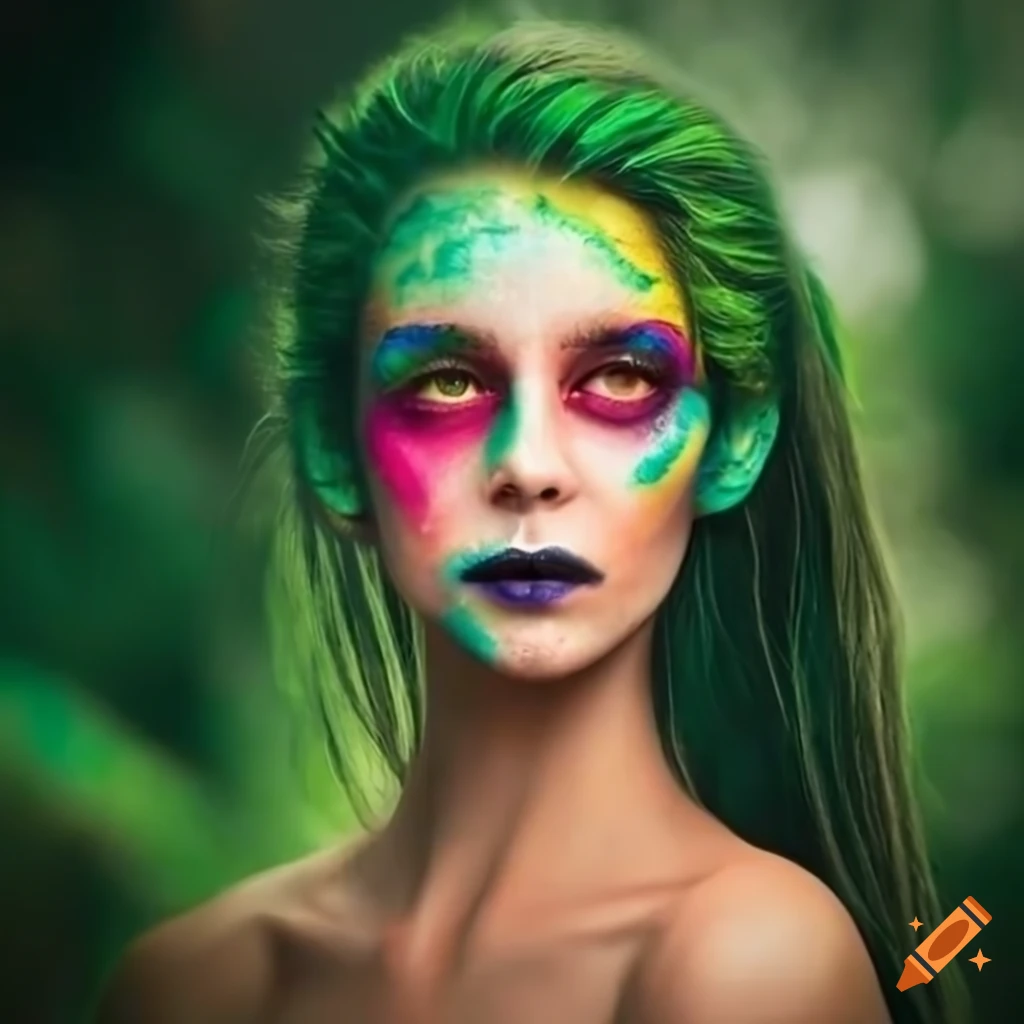 Woman with colorful eye makeup in a lush rainforest setting on Craiyon