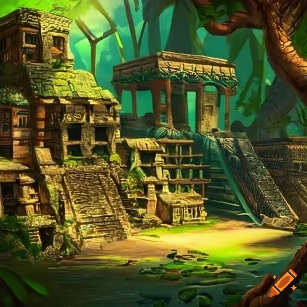Aztec town nestled in the jungle on Craiyon