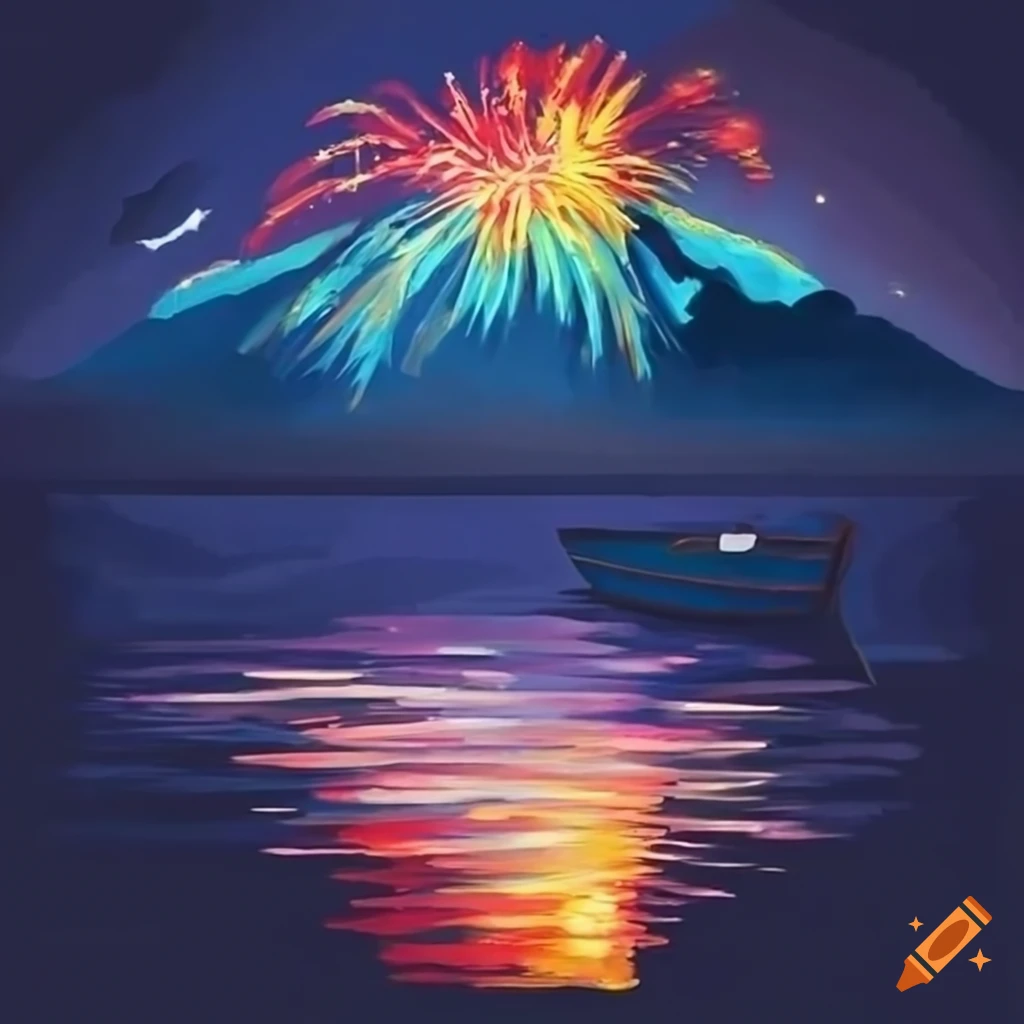 Volcano with fireworks at night and a boat on calm water in foreground ...