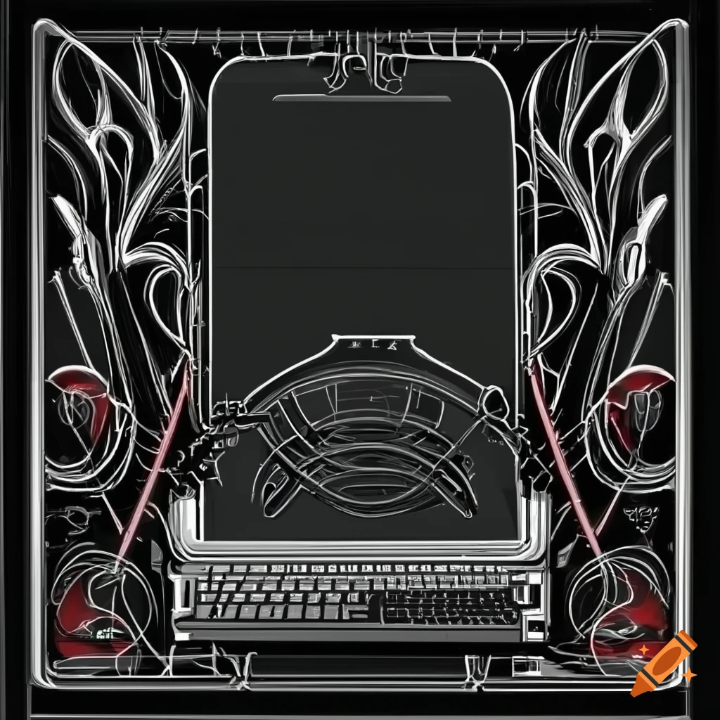 Futuristic computer display with ornate art deco style and red art ...