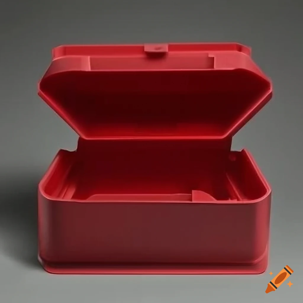 Red plastic box with open lid and compartments, top view on Craiyon