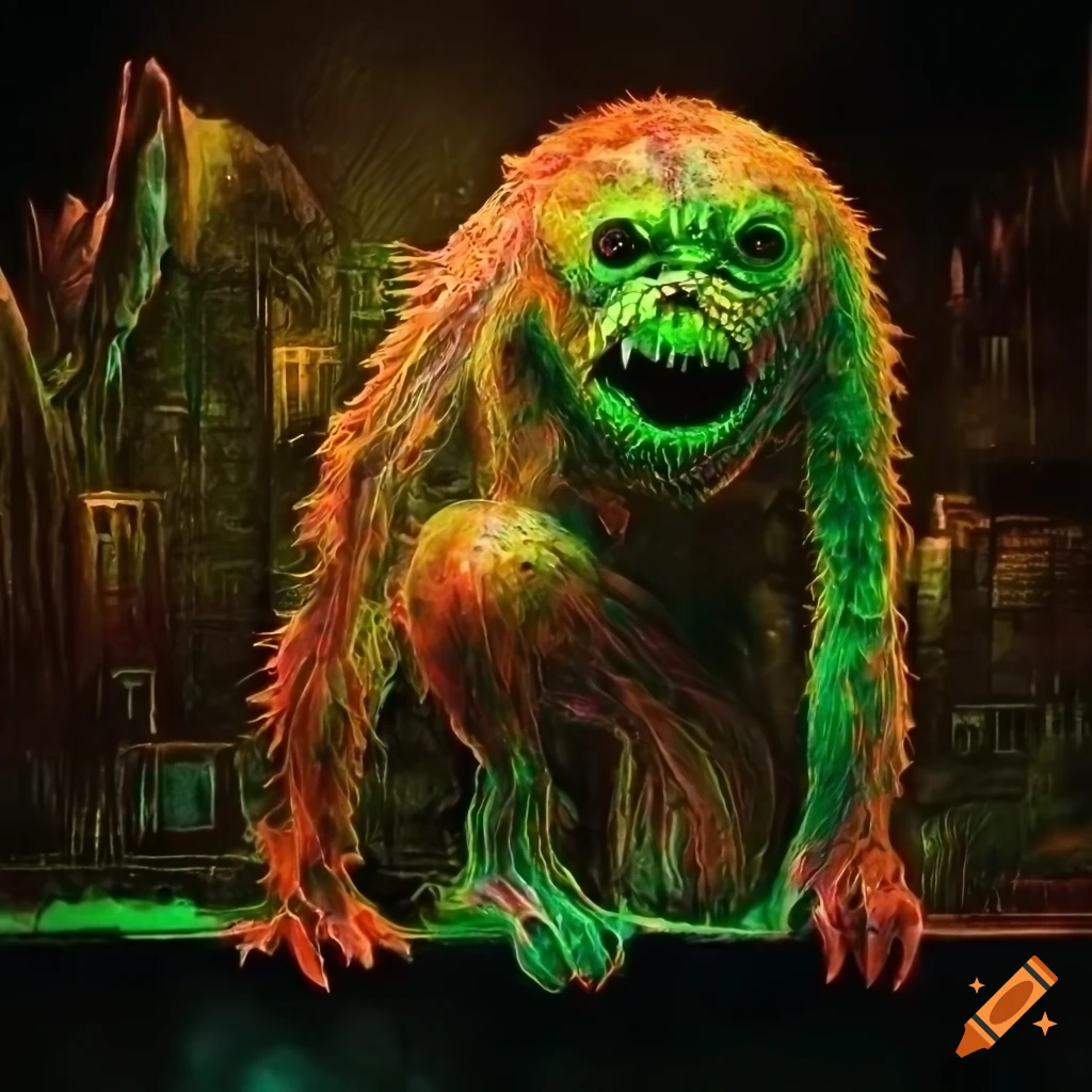 Glowing biopunk cityscape with green moss, plants, mushrooms, and ...