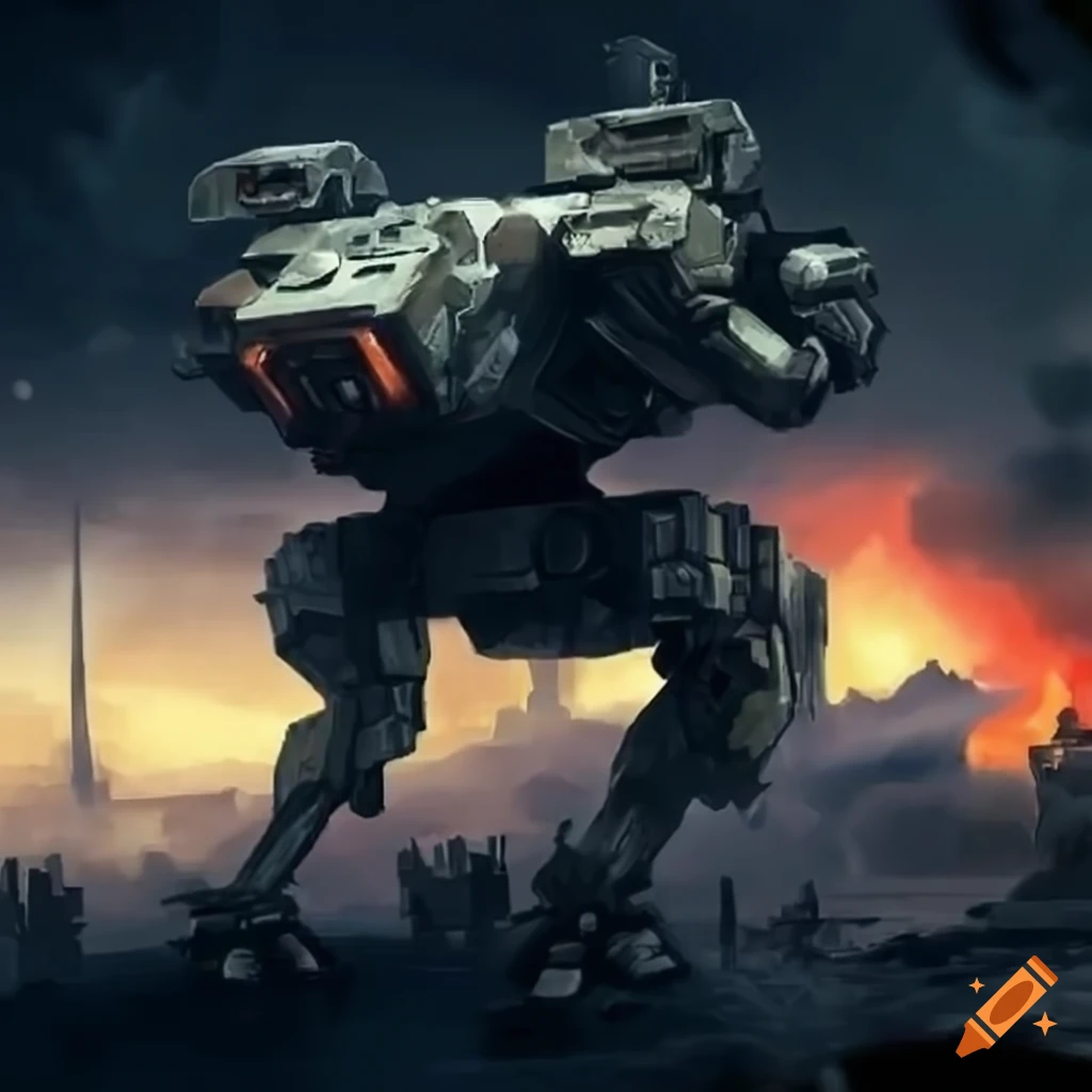 Mech on a battlefield on Craiyon