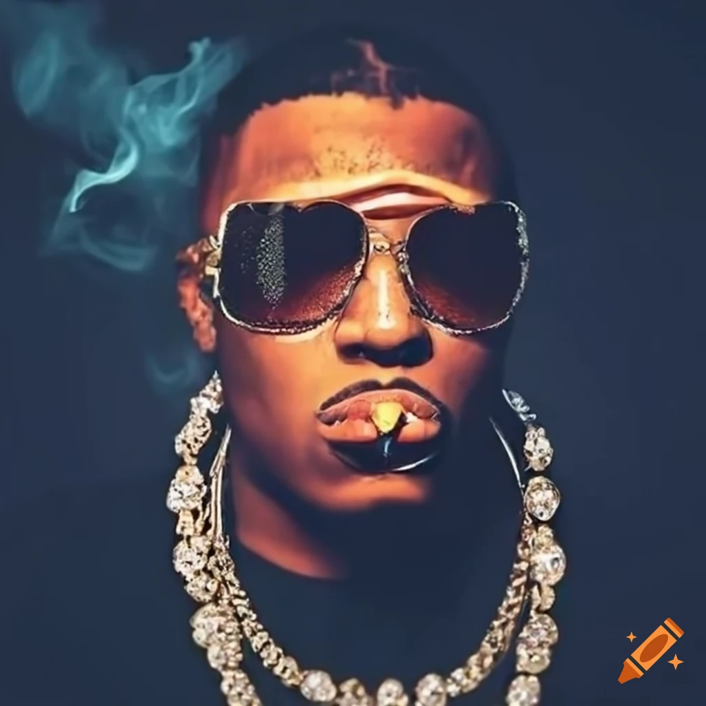 Rapper with diamond grill smoking on Craiyon