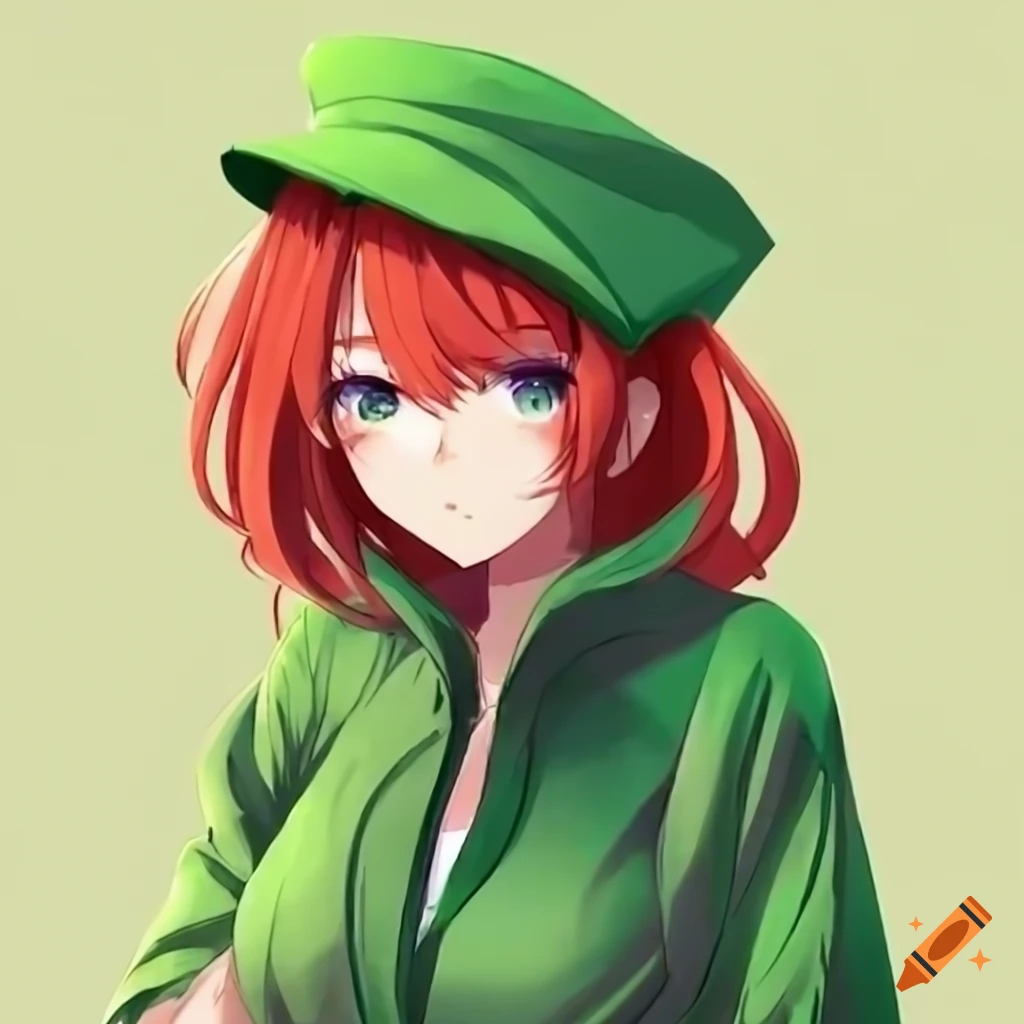 Red-haired anime girl in a green jacket on Craiyon