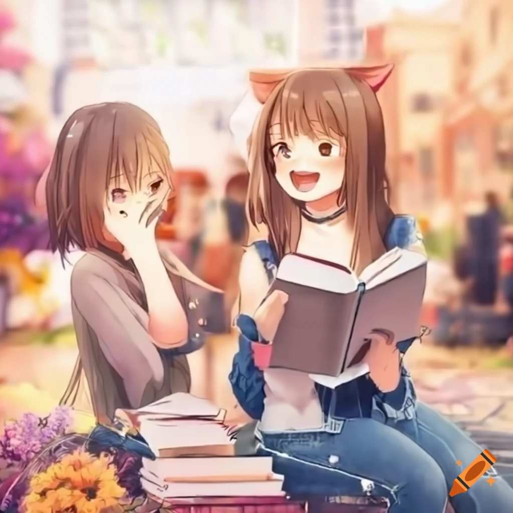 Cheerful anime girls reading books at an outdoor market surrounded by ...