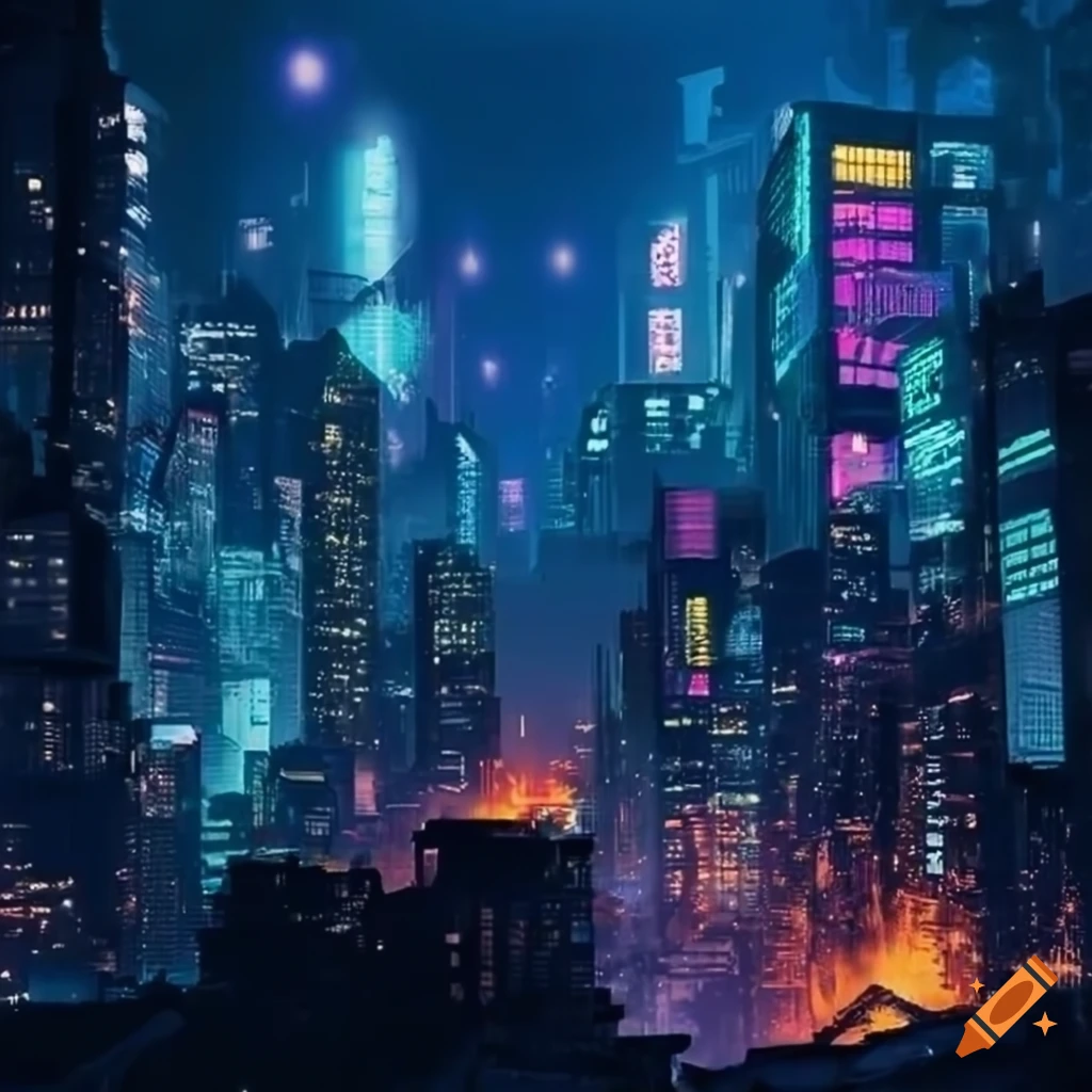 Cyberpunk cityscape at night with distant fires on Craiyon
