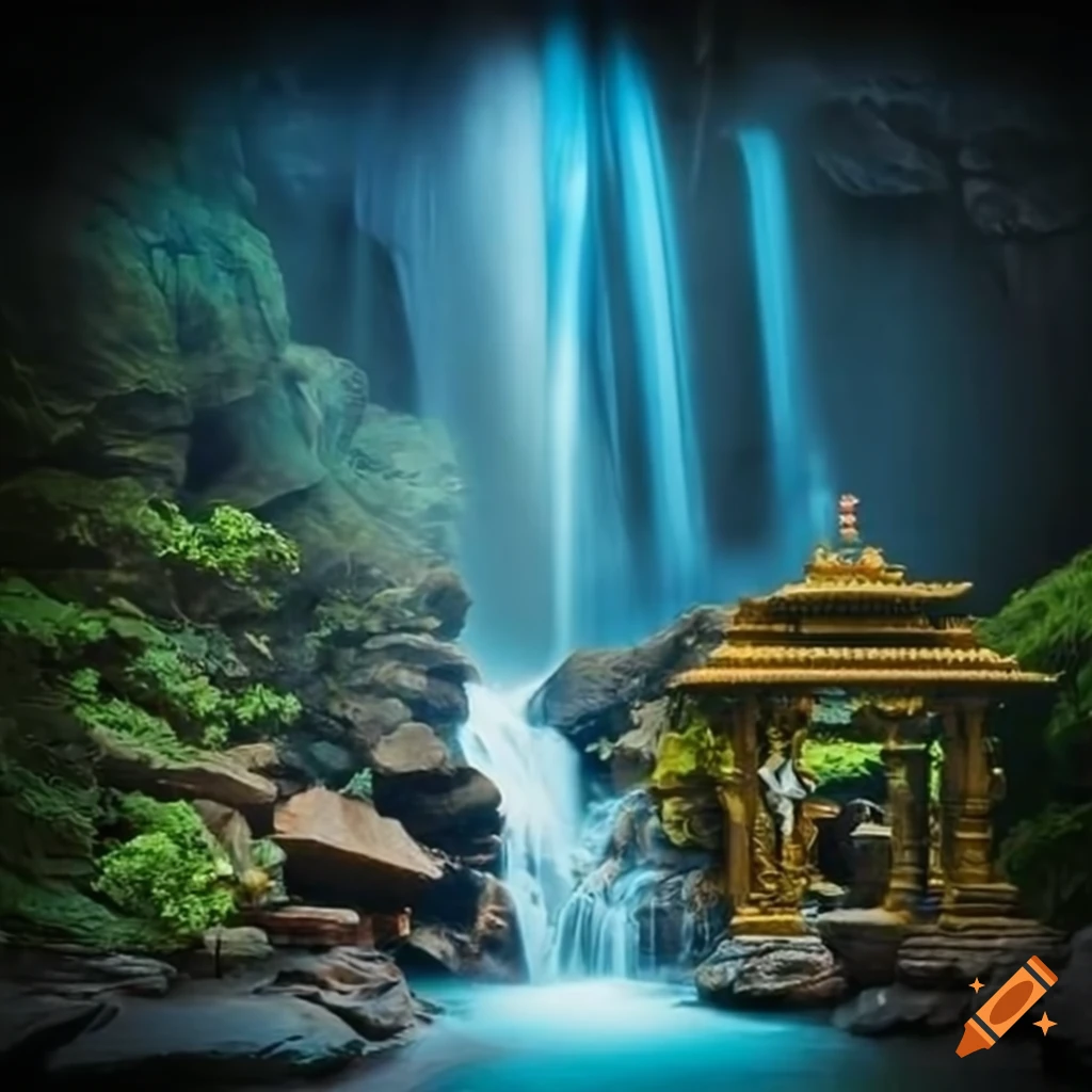 Hindu shrine with a waterfall on Craiyon