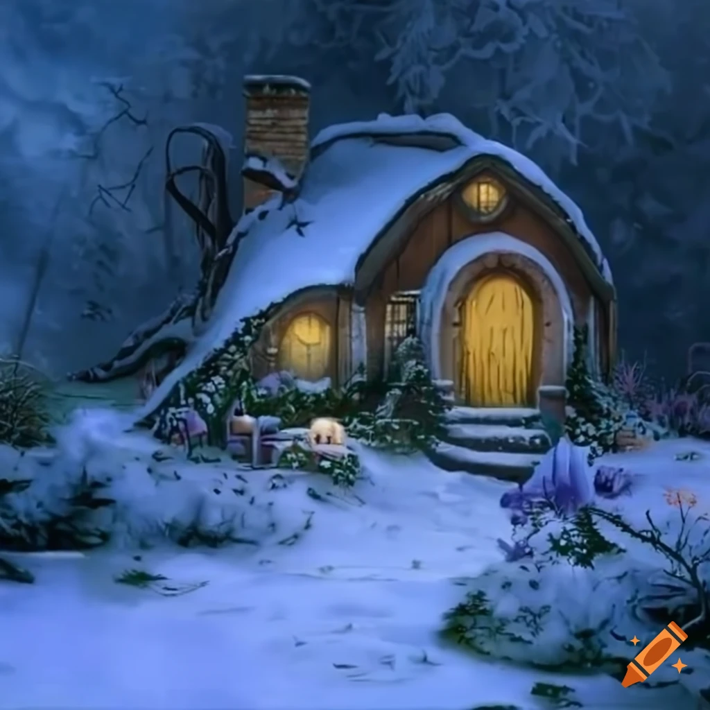 Winterwonderland in a fantasy forest with a hobbit house, stairs, and a ...