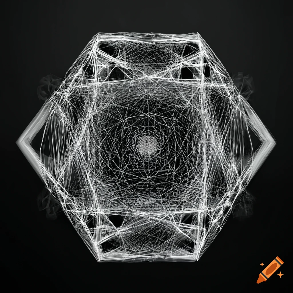 Complex 3d geometric shape on black background with hypercube and ...