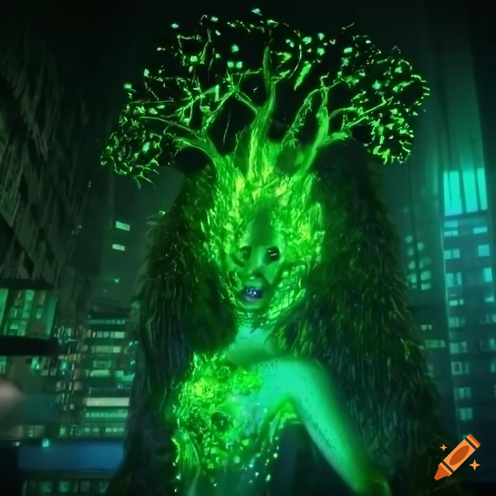 Glowing biopunk cityscape with green moss, plants, mushrooms, crystals ...