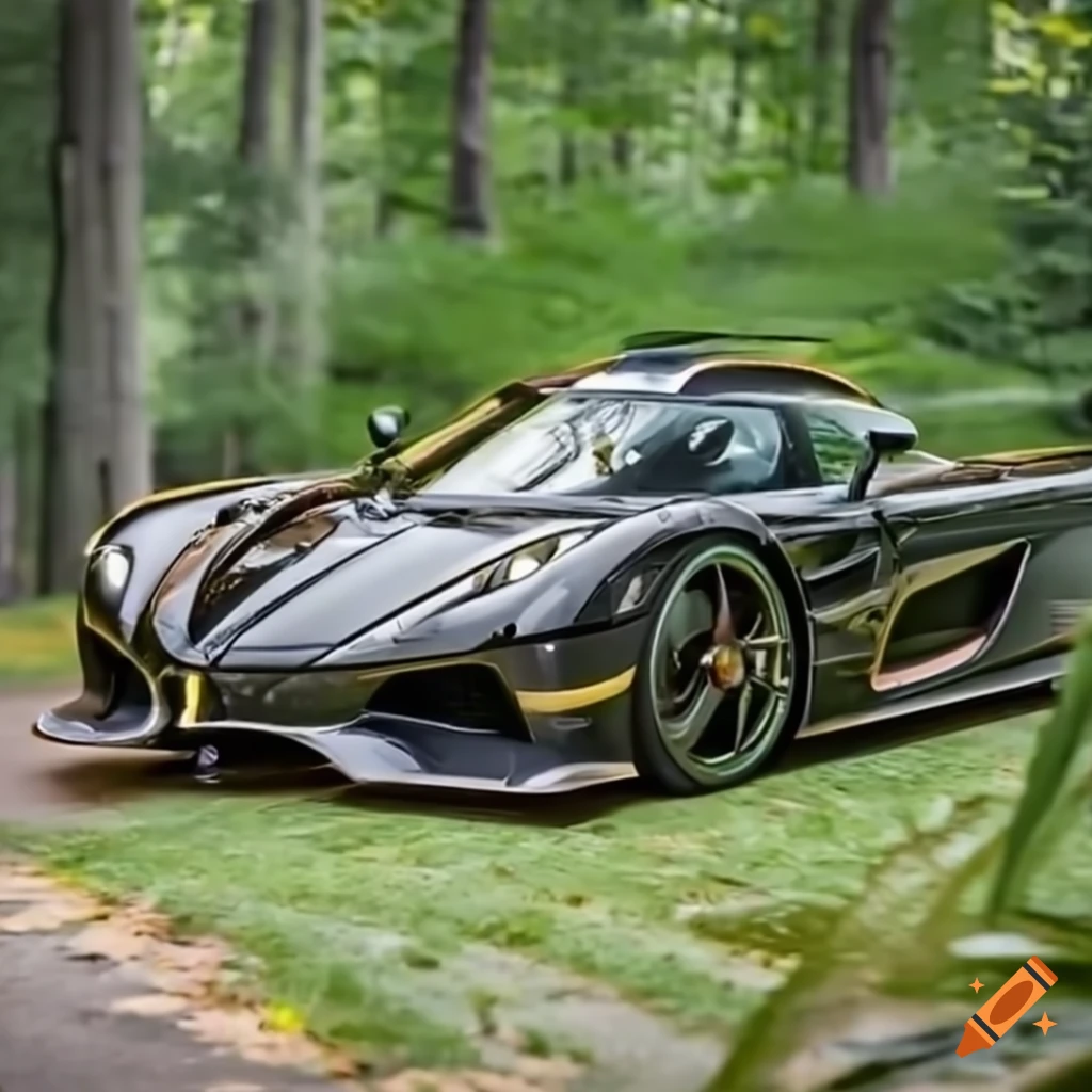 Black koenigsegg jesko attack with gold accents against a nature ...