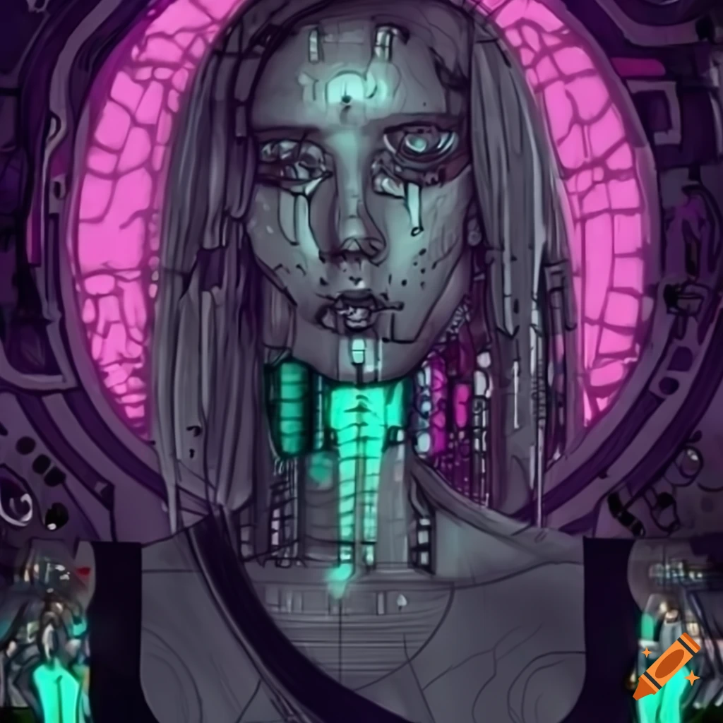 Female cyborg goddess in a dark cyberpunk cityscape on Craiyon