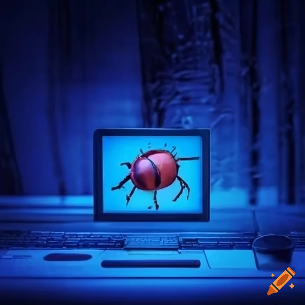 Bug on a computer screen with binary background on Craiyon
