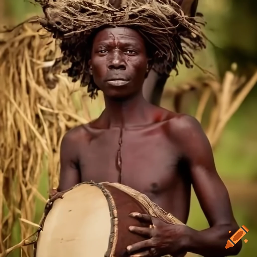 African tribesman playing war drums on Craiyon