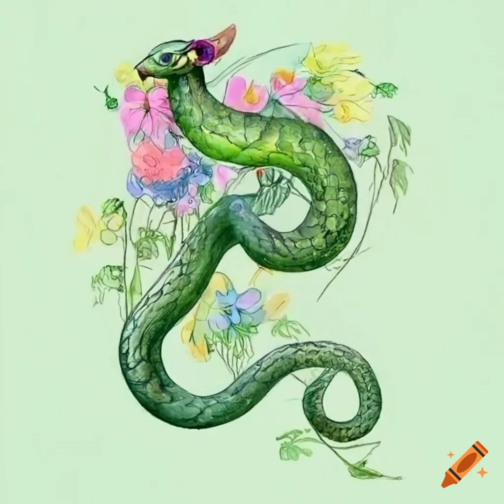 Magical snake in an enchanted garden with vibrant flowers and ...