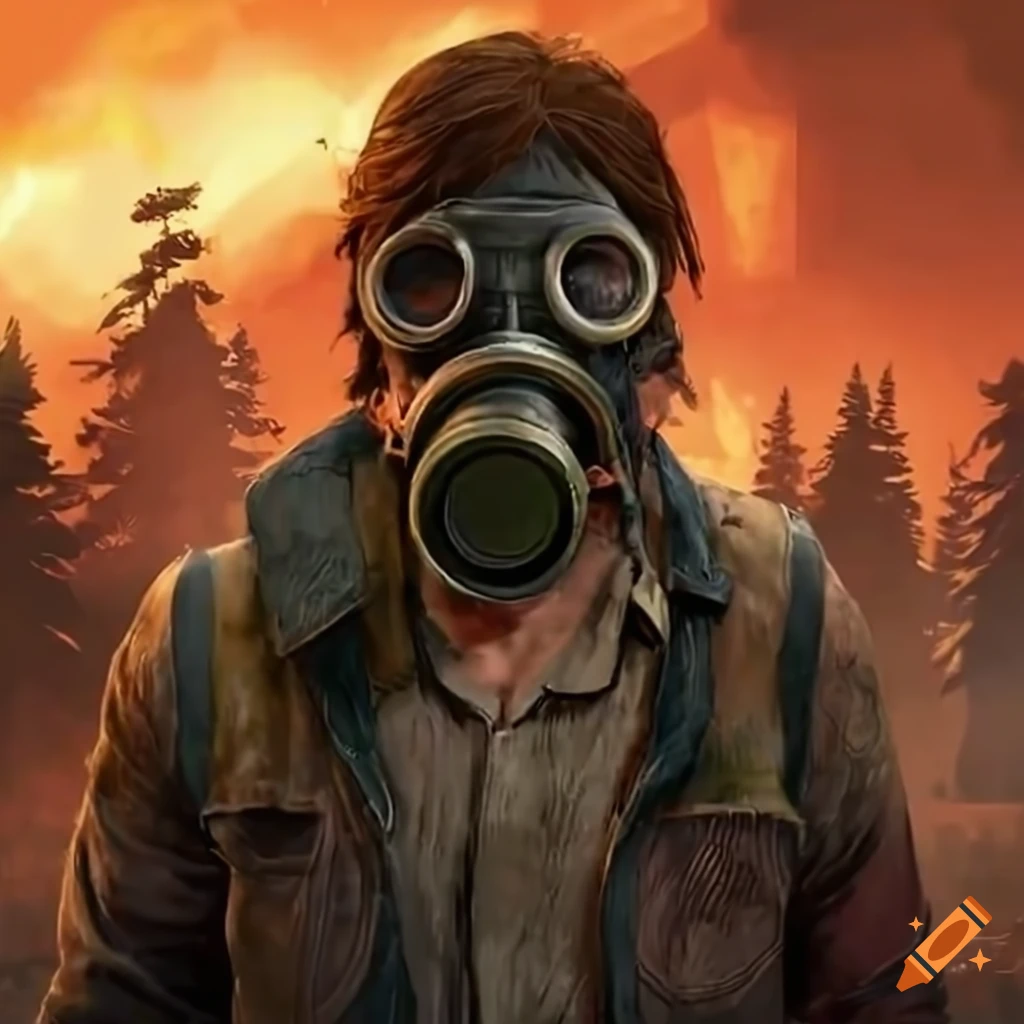 Joel Miller from The Last of Us in a desolate landscape with a gas mask ...