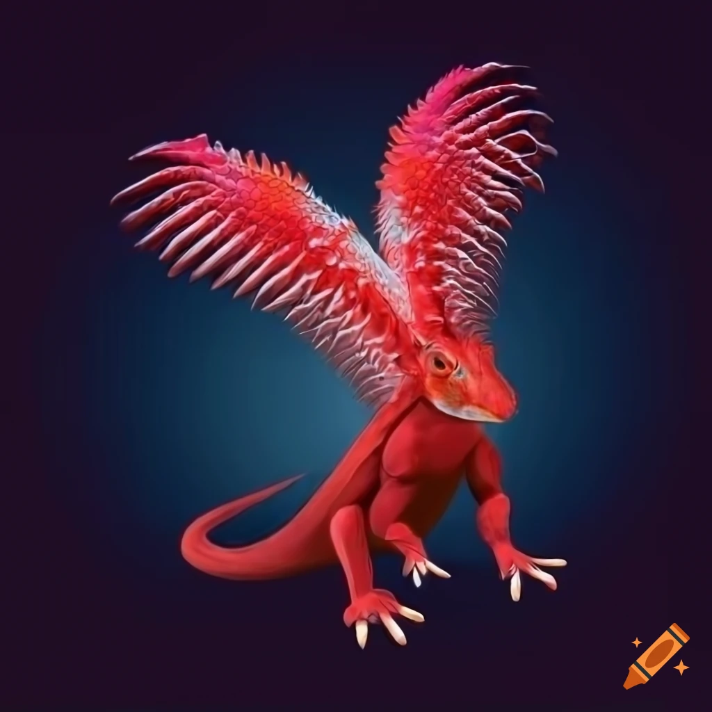 Giant lizard with red and white feathers and wings in a stylized depiction on Craiyon