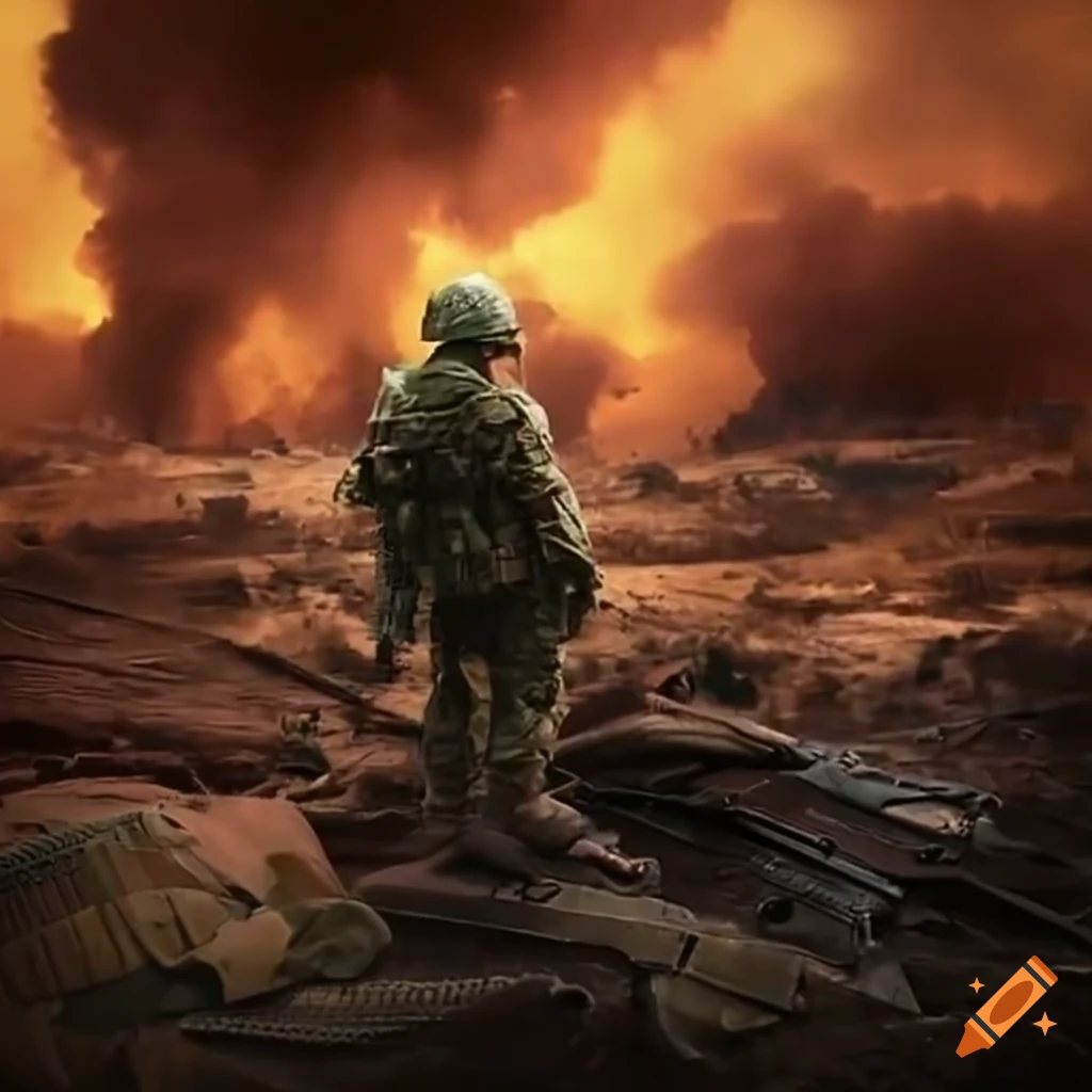 Brave soldier pondering on a war-torn battlefield on Craiyon