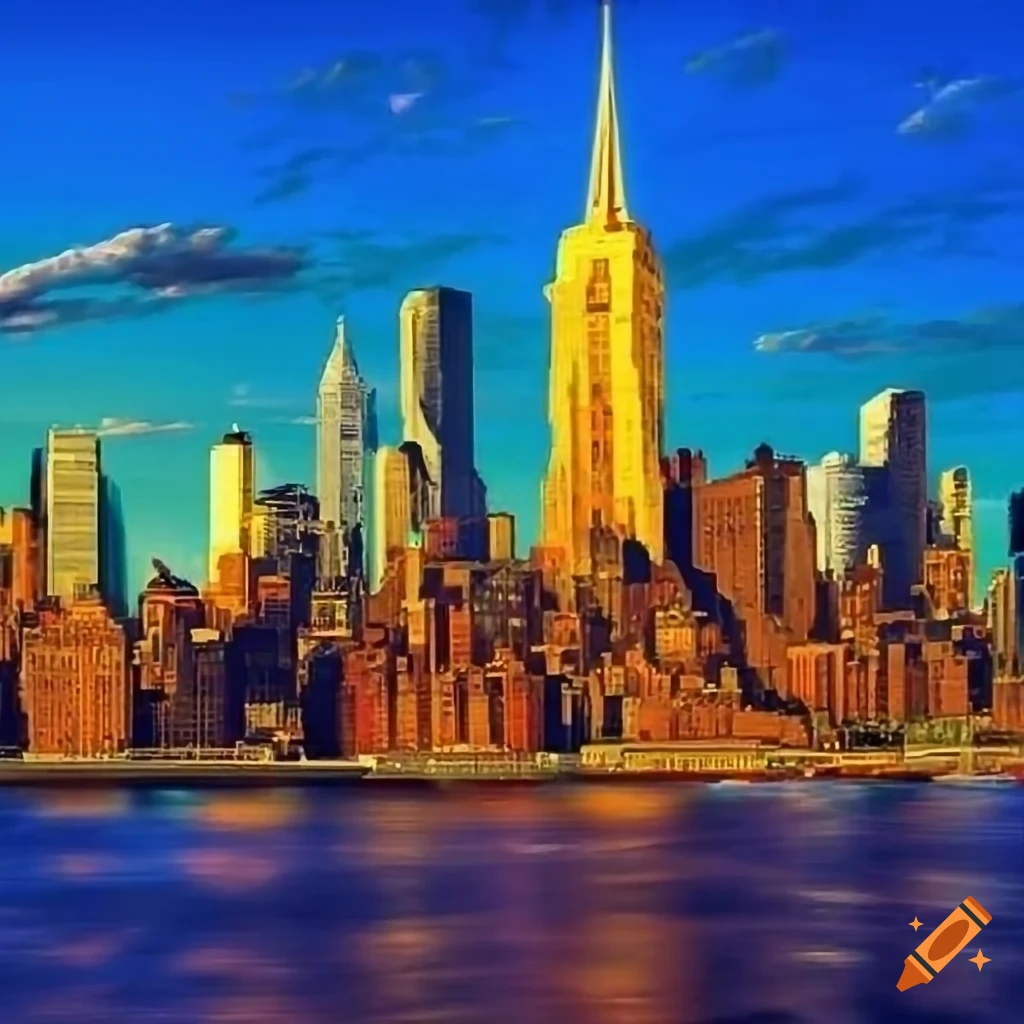 City skyline of New York with high colorful buildings and intricate ...
