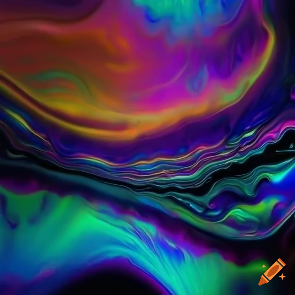 Iridescent shimmering liquid trickling down a dark surface like ...