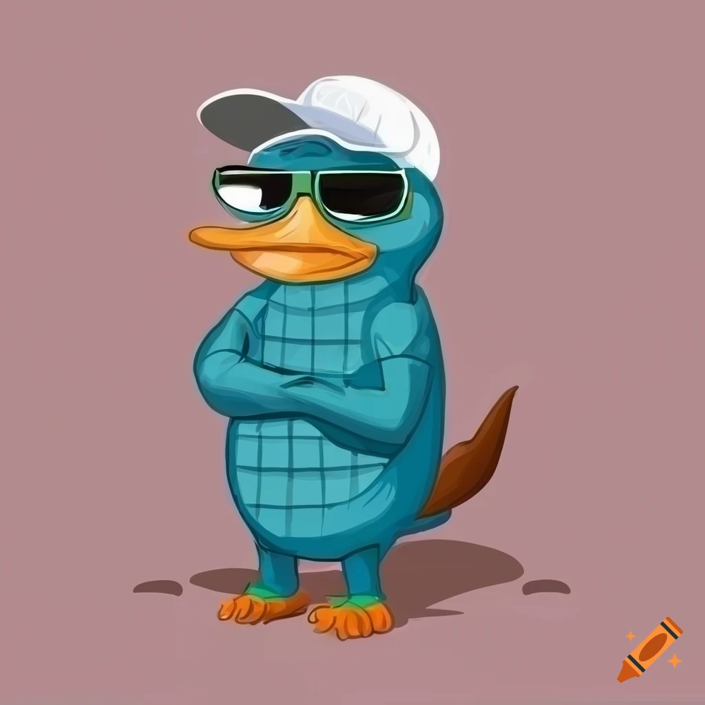 Green platypus with sunglasses, t-shirt, and hat in a cartoon style on ...