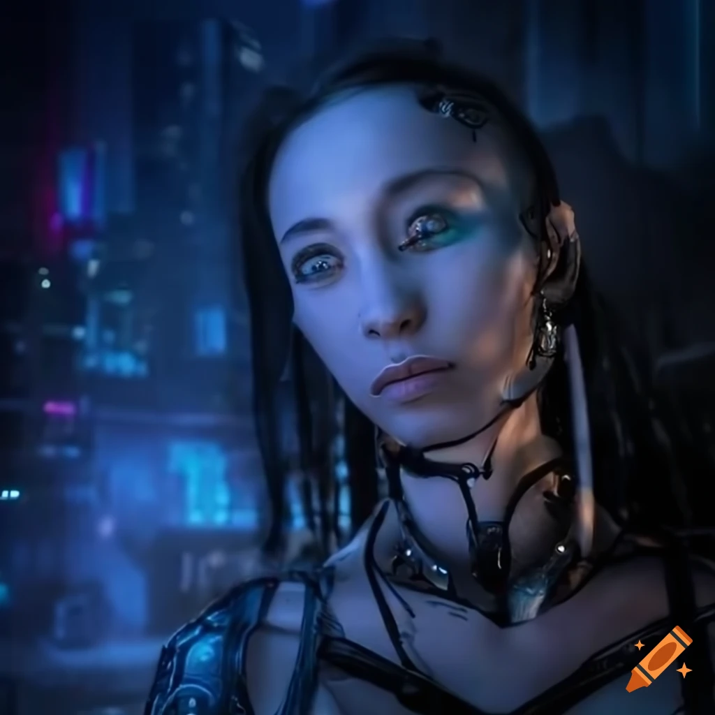 Close-up of a female cyborg goddess in a dark cyberpunk cityscape on ...