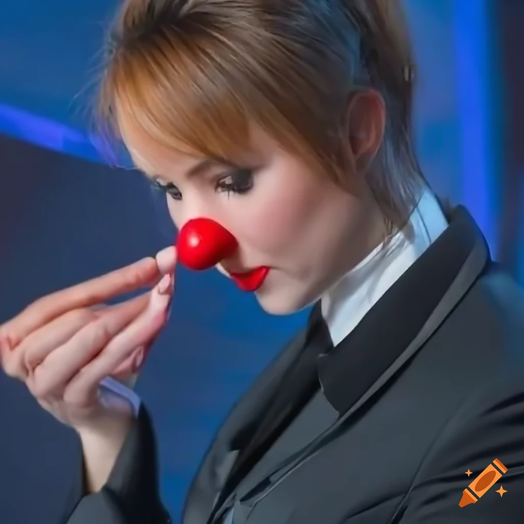 27 year old woman in black suit, tie, and red clown nose at the circus ...