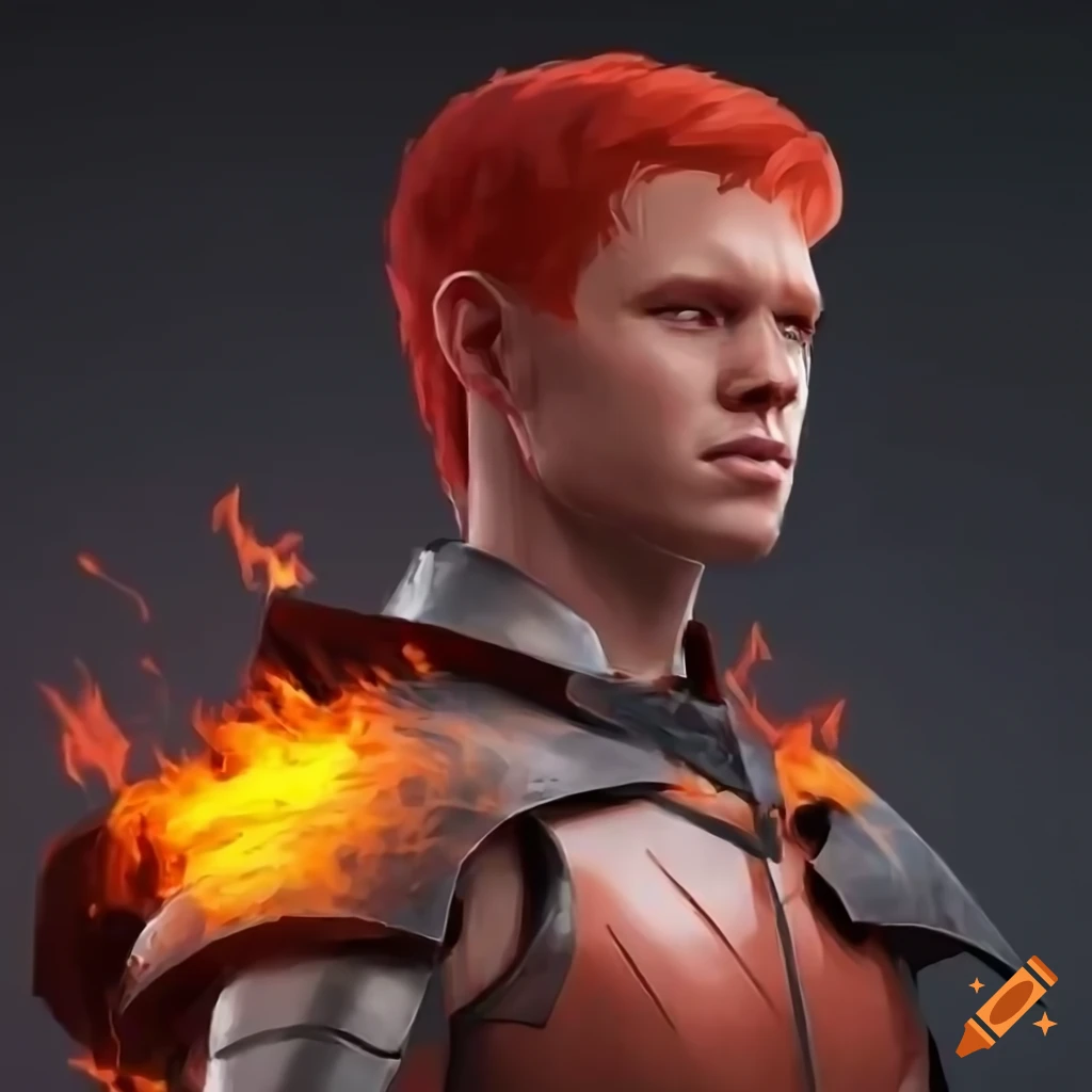 Epic male warrior with fiery red hair and green eyes in detailed plate ...