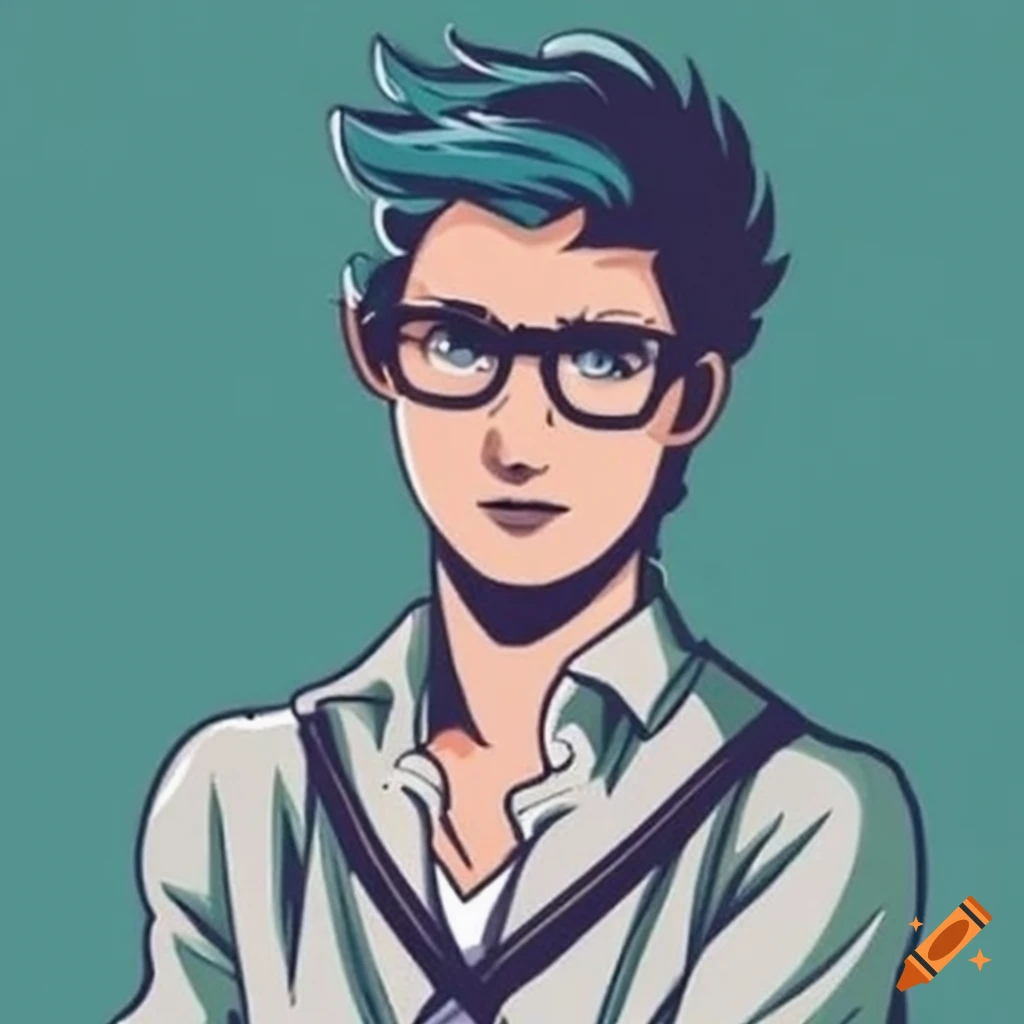 Dorky Nerd With Blue Hair Glasses And A Smirk Resembling Ansel Elgort On Craiyon
