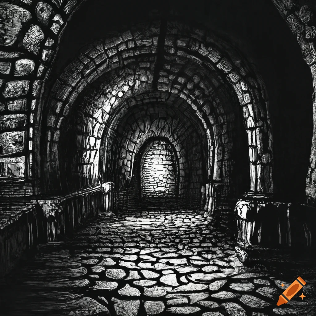 Detailed etching of underground medieval sewers with intricate pipe ...