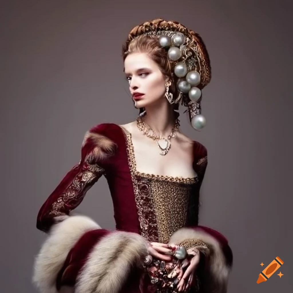 Elegantly dressed woman in renaissance-style garment with fur sleeves ...