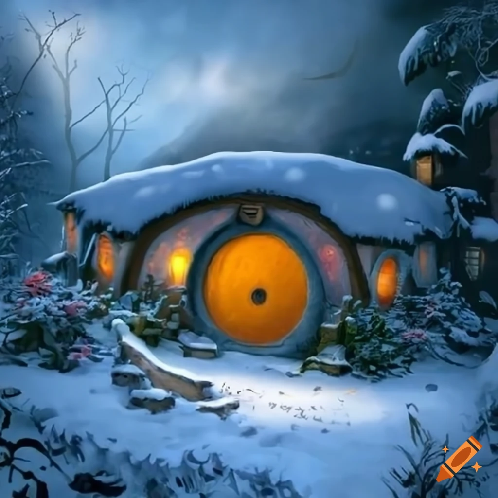 Winterwonderland in a fantasy forest with a hobbit house, stairs, and a ...