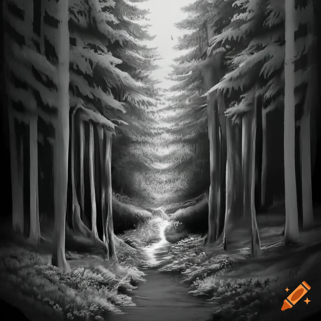 Path through enchanted nordic forest with large gangly trees on Craiyon