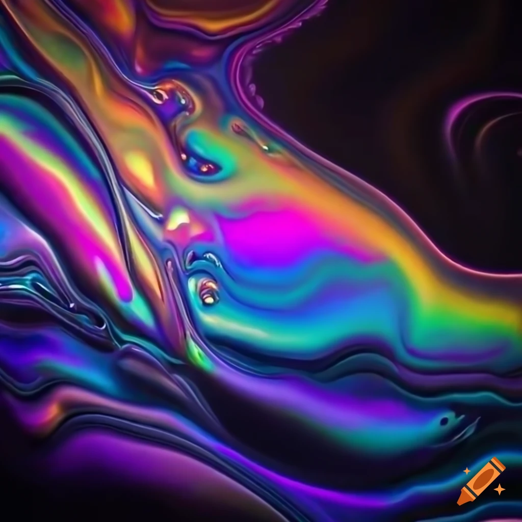 Iridescent shimmering liquid trickling down a dark surface like ...