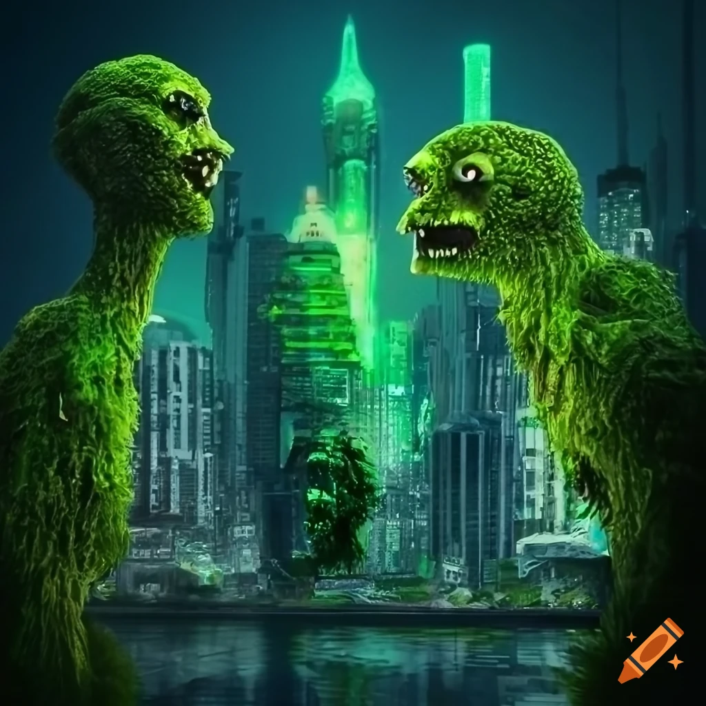 Glowing biopunk cityscape with green moss, plants, mushrooms, and ...
