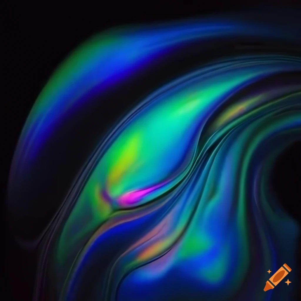 Iridescent shimmering liquid trickling down a dark surface like ...
