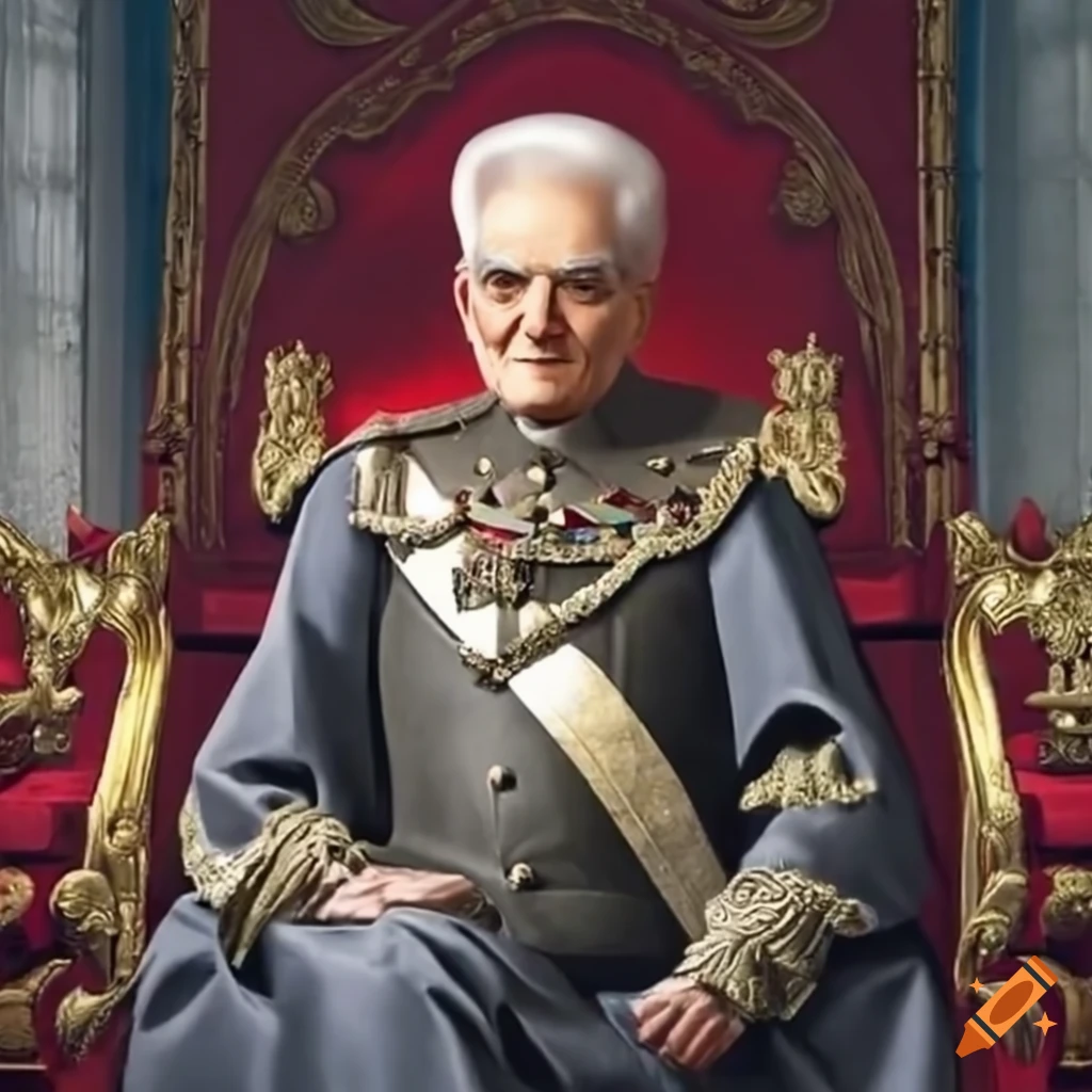 Italian president Sergio Mattarella dressed as king on a throne on Craiyon