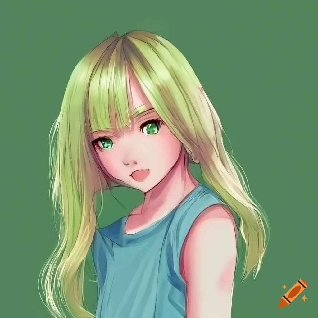 Anime Girl With Blonde Hair Blunt Bangs And Green Eyes In A Pink