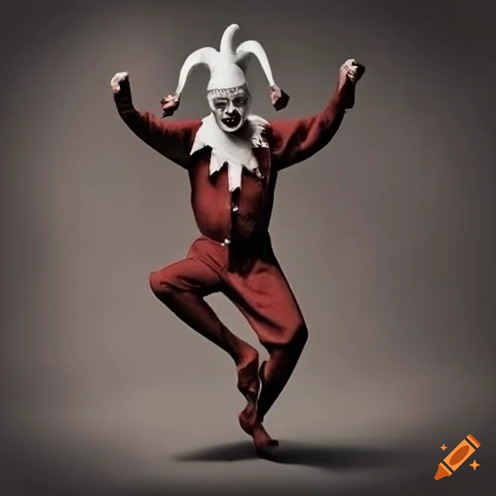 Creepy jester dancing in old photograph on Craiyon