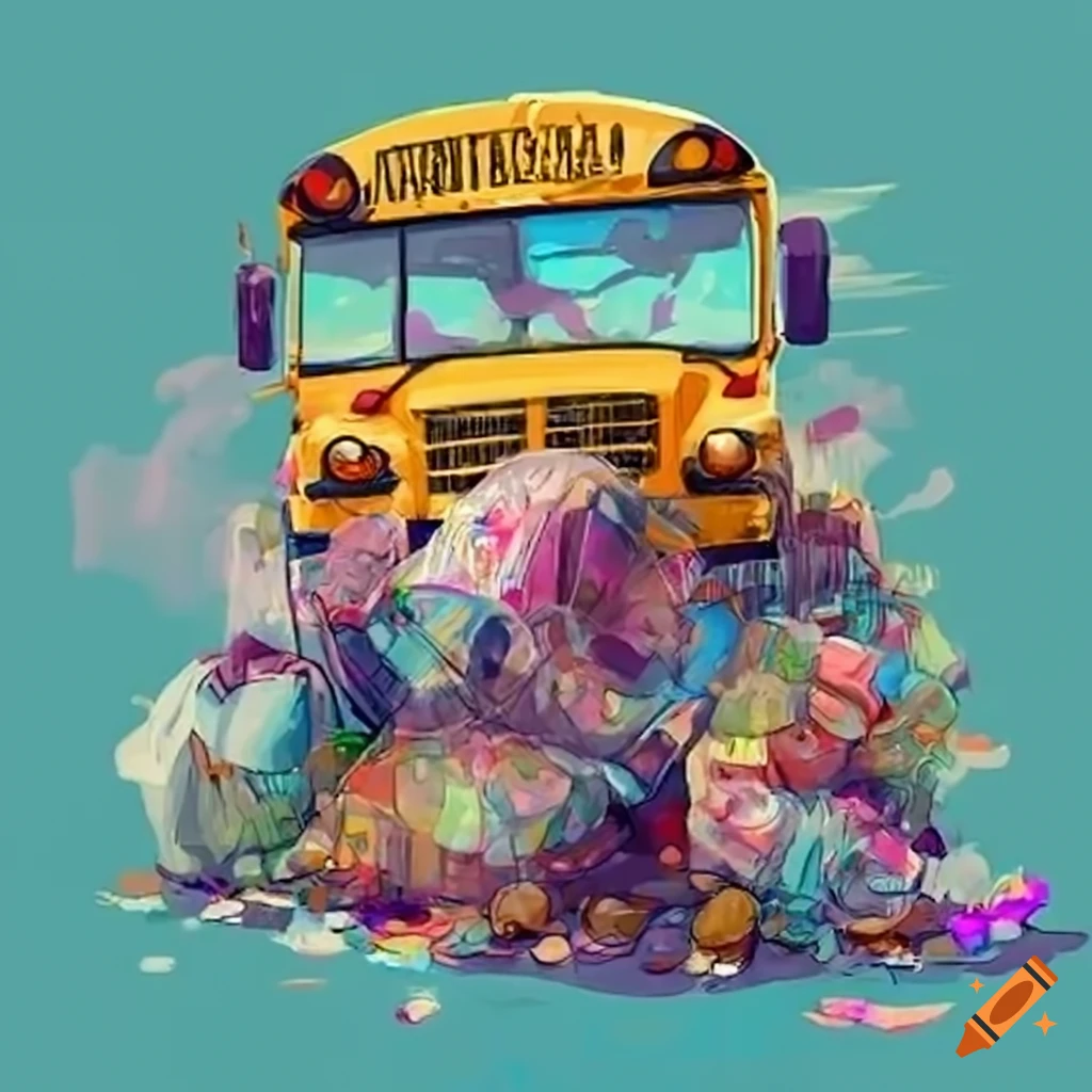 School bus next to an overflowing trash can in a vibrant illustration ...