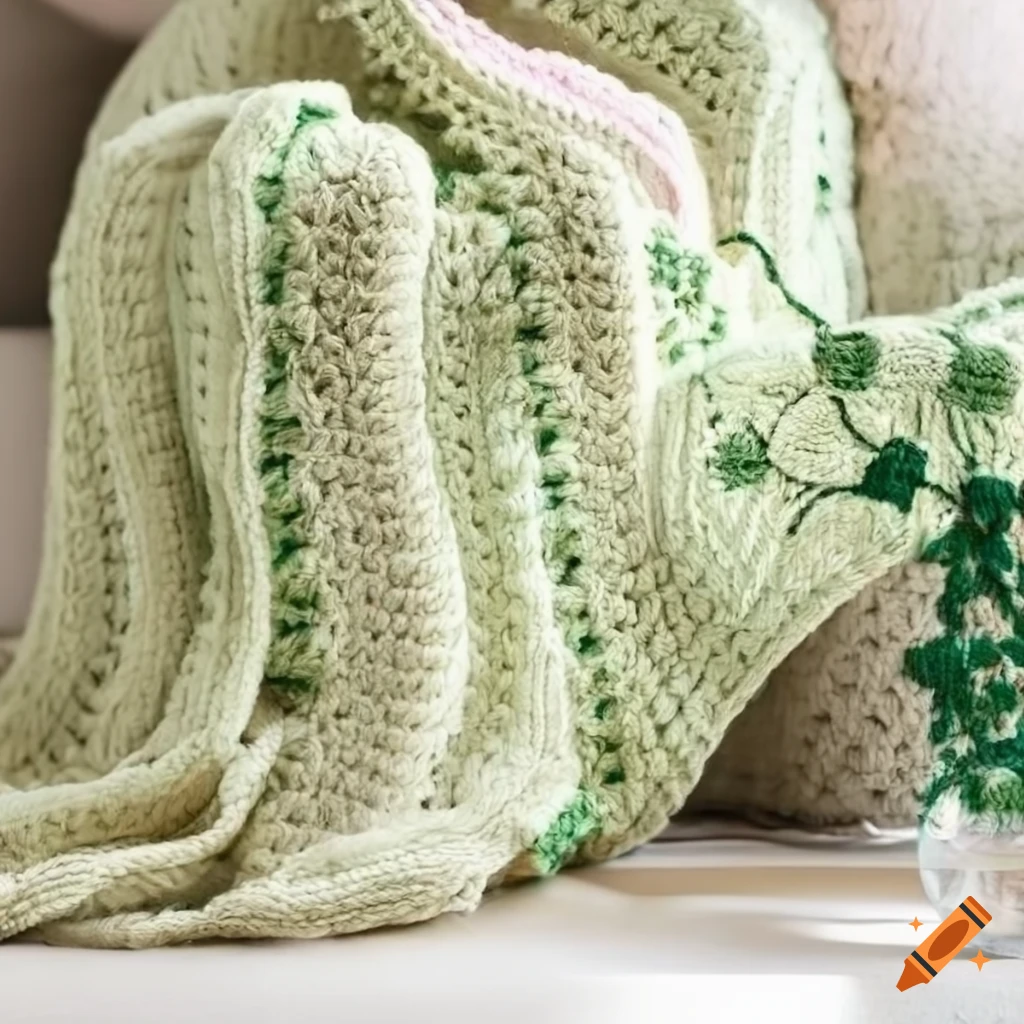 Handcrafted cream-colored crochet blanket with embroidered greenery and ...