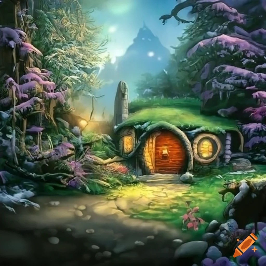 Fantasy hobbit house in a forest clearing with a small brook and ...