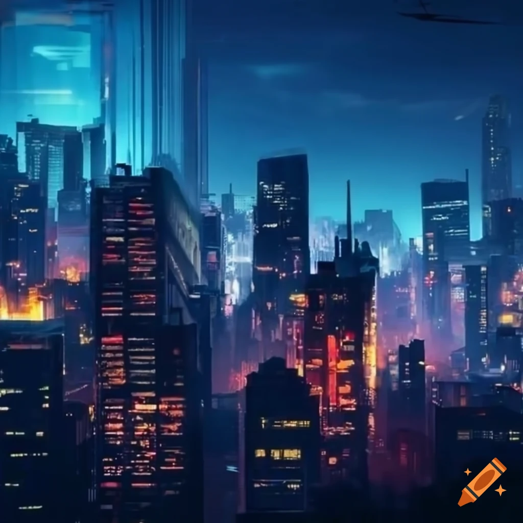 Cyberpunk cityscape at night with distant fires on Craiyon