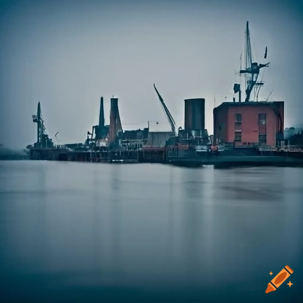 Industrial seaport with shipyard in cold colors reminiscent of analog ...