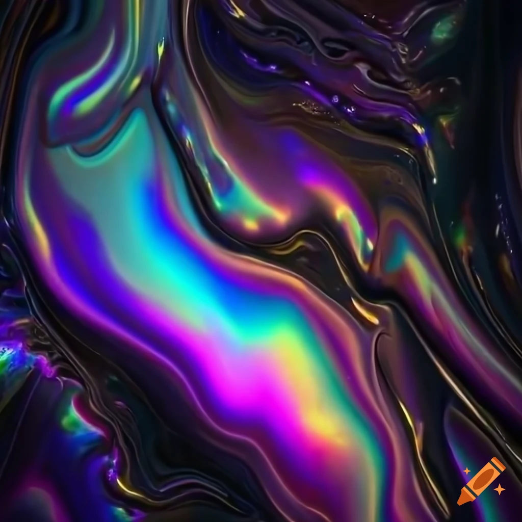 Iridescent liquid trickling down a dark surface like diamonds on Craiyon