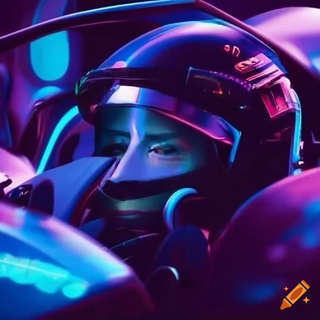 Over-the-shoulder shot of a formula one racer in the cockpit with neon ...